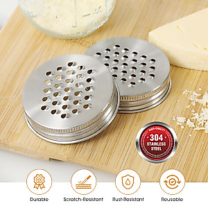 Aieve Mason Jar Grater Lid for Regular Mouth Mason Jar, 2 Pack Stainless Steel Mason Jar Cheese Grater Lid, Multipurpose Grater Shredder Lid for Regular Mason Jar