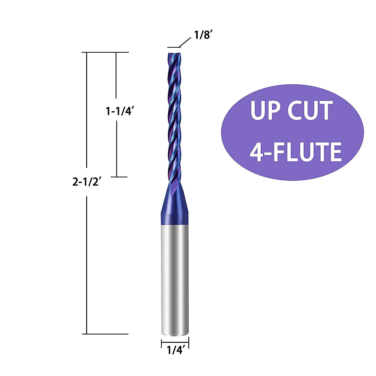 XUANFENG 4 Flutes NACO Coating Up Cut Spiral CNC Router Bit 1/4 inch Shank, 1/8 inch Cutting Diameter End Mill for 2D 3D Wood Cut, Carving Size: 1/8x1-1/4x 2-1/2" Shank 1/4" STF445
