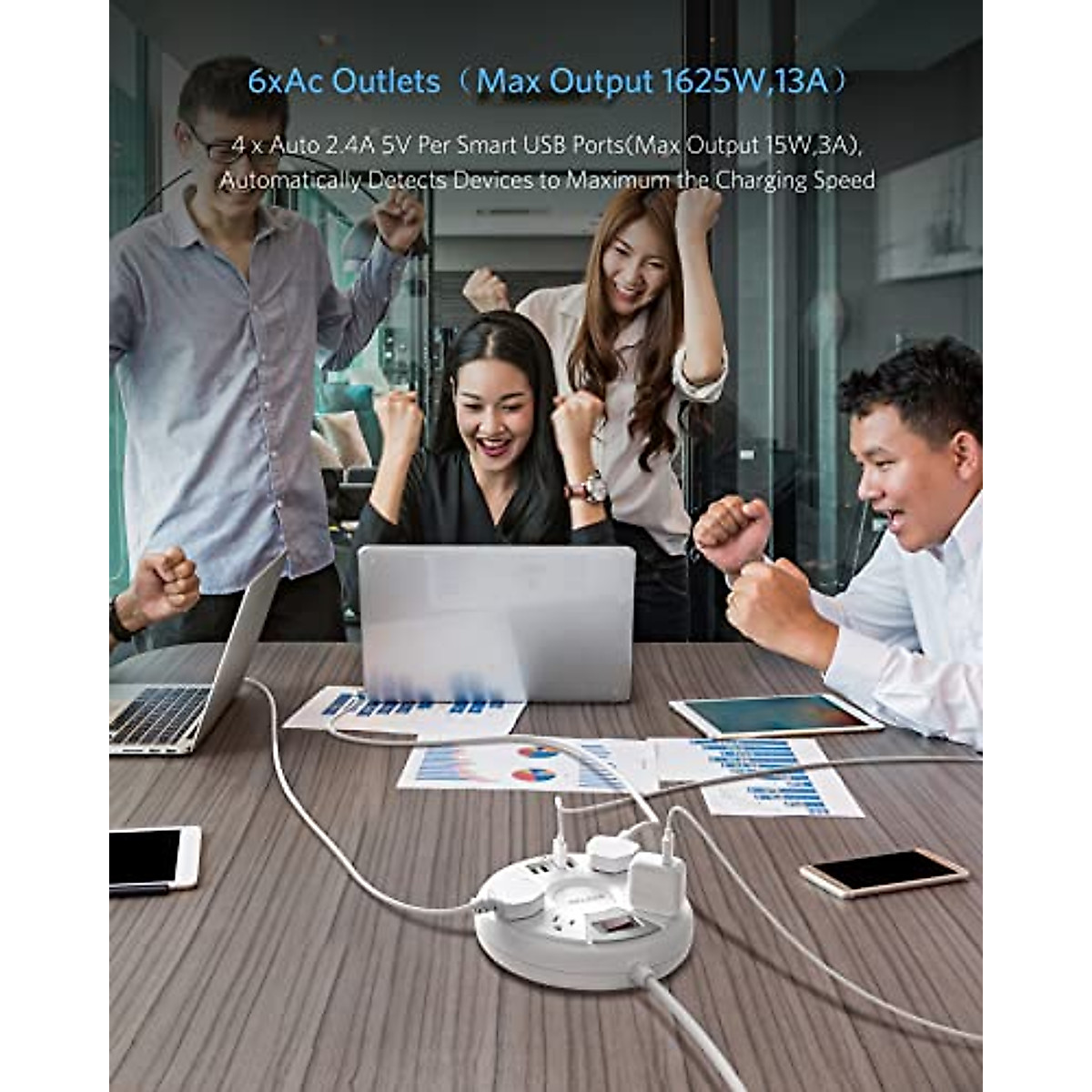 Travel Power Strip, BESTEK 6Ft Extension Cord with 4 USB Ports and 6-Outlet (13A 125V), Surge Protector Power Strip for Dorm Room, Bedside, Cruise Ship, 220J, White