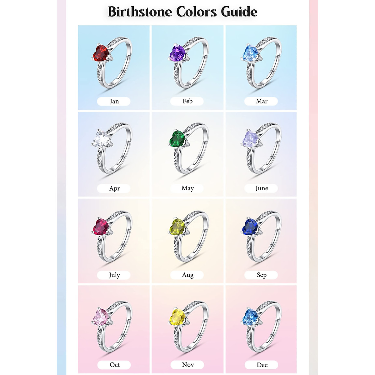 Vito 925 Sterling Silver Birthstone Rings for Women, Adjustable Open Heart Cubic Zirconia March Birthstone Ring Birthday Month Jewelry Gift for Mom Wife Daughter