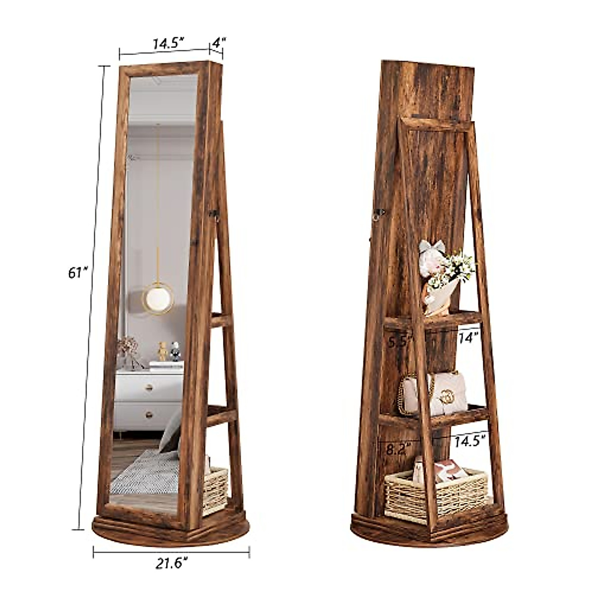 OUTDOOR DOIT 360° Rotating 67'' Jewelry Armoire with 6 LEDS, Full Length Mirror Large Capacity Jewelry Organizer Armoire, Lockable Floor Standing Mirror with Back Storage Shelves