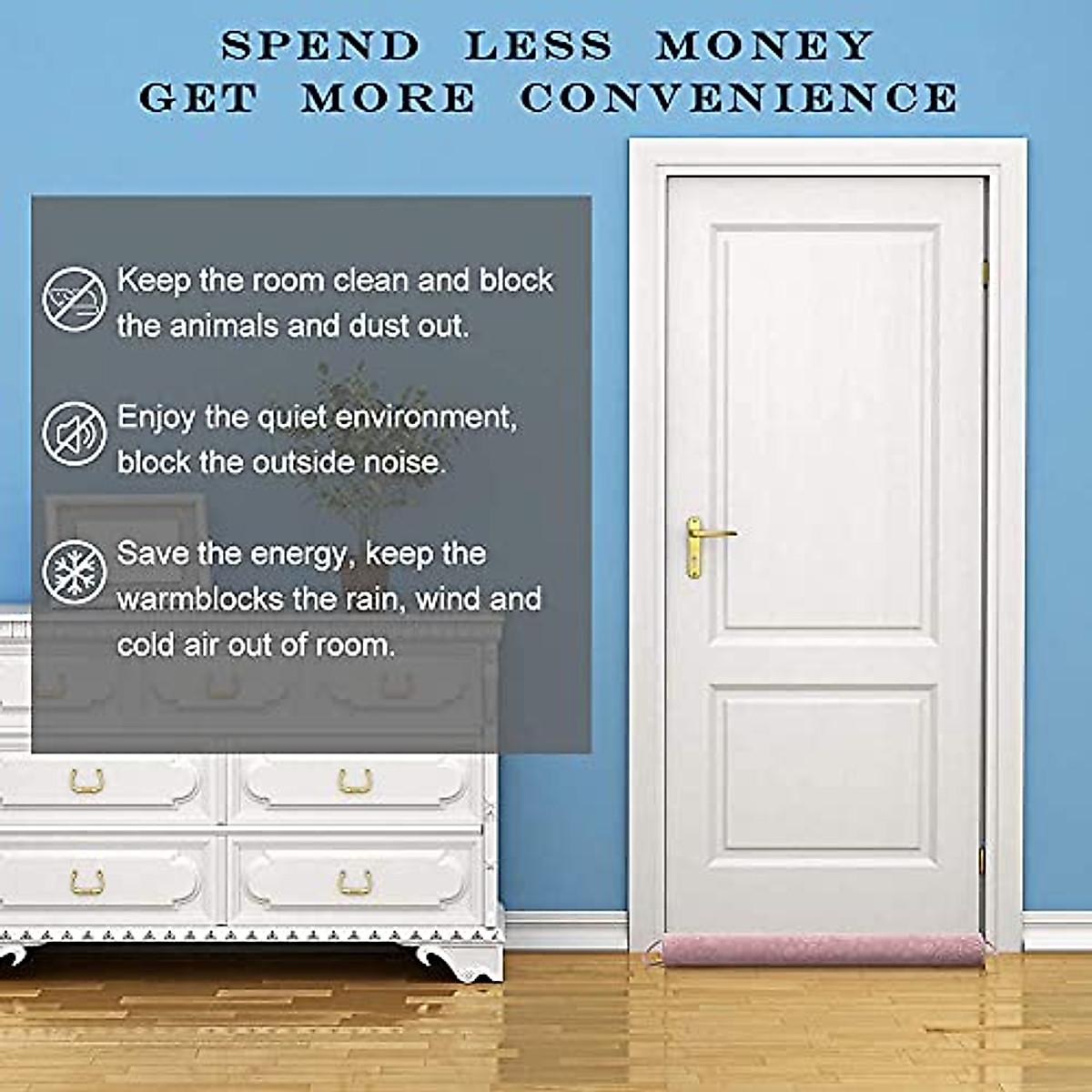 Weighted Door Draft Stopper 36 Inch, Pink Door Draft Noise Sound Blocker Snake Door Sweep with Loop and Weather Stripping Removable, Heavy Duty Draft Guard Windproof for Doors Windows