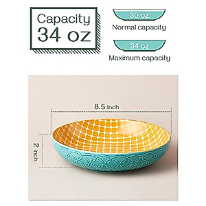 DOWAN Vibrant Pasta Bowls, 8.5'' Large Salad Bowls, 34 Oz Porcelain Pasta Serving Bowl Set of 4, Bowls for Pasta, Salad, Soup, Oatmeal, Mix-match Pattern, Ideal Housewarming Gift