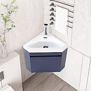 walsport 16" Corner Bathroom Vanity Floating Single Sink Combo for Small Space Wall Mounted Cabinet Set Design Resin Basin Sink Top Chrome Faucet and Drain,Blue