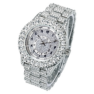 Techno Pave Men's 44mm Iced Out Arabic Dial Watch, Quartz Movement - Silver Diamond Dial