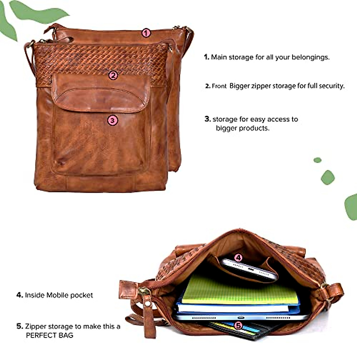 Real Leather Crossbody Purses and Handbags for Women - Sling Bag for Girls Shoulder Bags Purse Adjustable Shoulder Strap