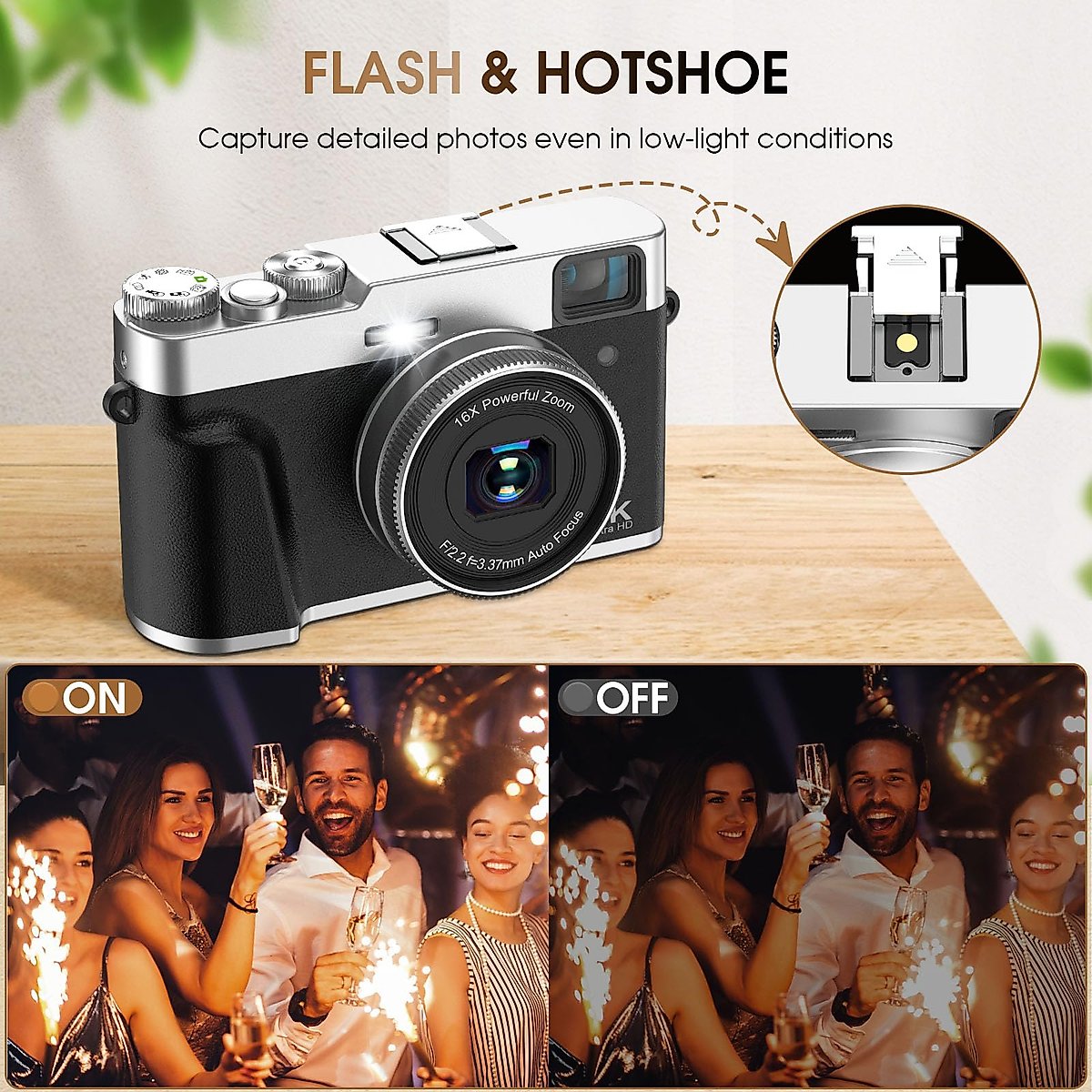 Upgraded 4K Digital Camera with SD Card Autofocus,48MP Point and Shoot Camera with Flash Viewfinder & Dial,Vlogging Camera Anti-Shake,16X Zoom Portable Travel Camera,2 Batteries