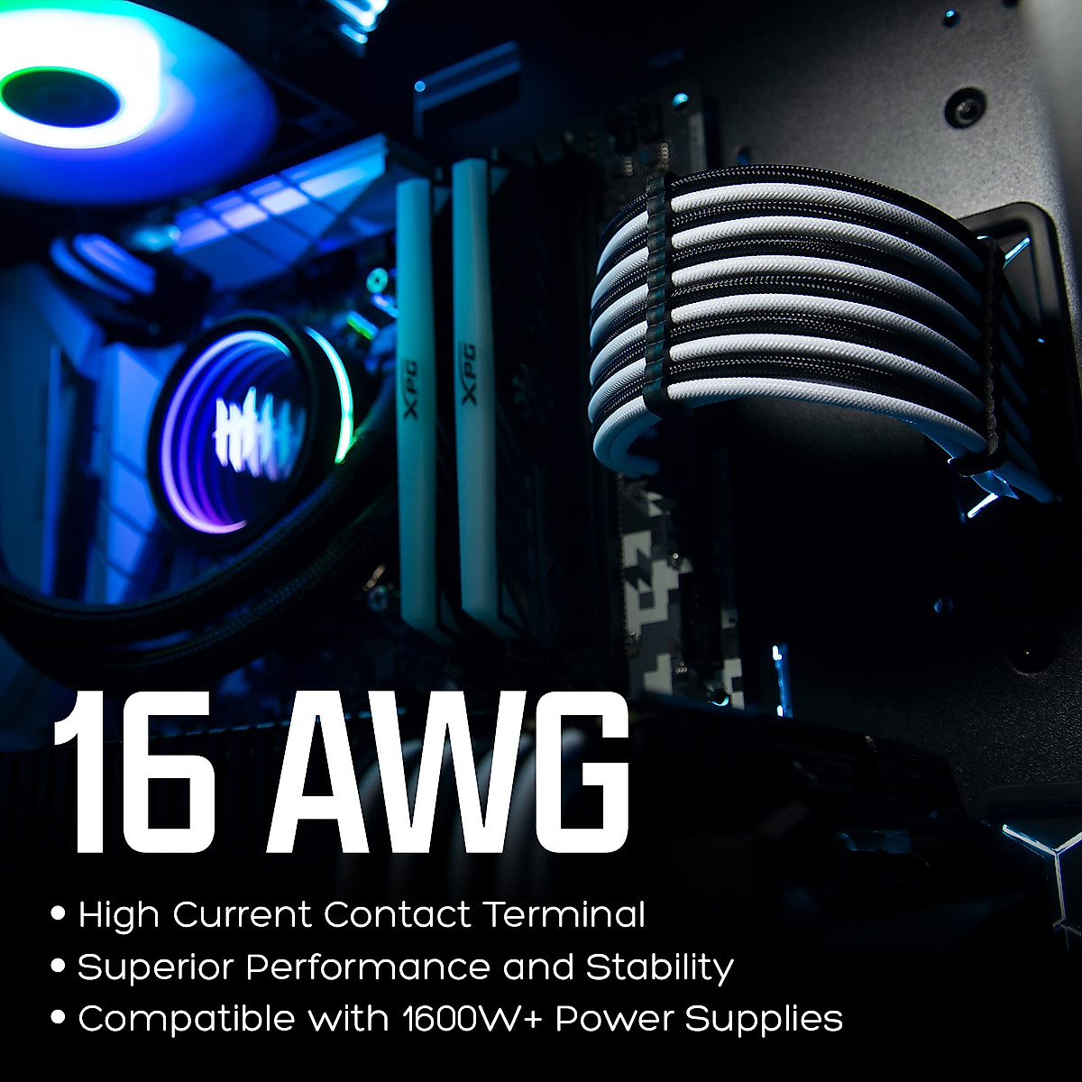 TECWARE Flex Power Supply Sleeved Cable, 16 AWG PSU Extension Cable Kit of White Connector, 1x24Pin/1x4+4 EPS/2x6+2 PCI-E, 30cm Length with Combs (Black/Gray)