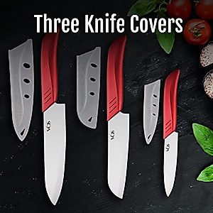 Vos Ceramic Knife Set, Ceramic Knives Set For Kitchen, Ceramic Kitchen Knives With Covers, Ceramic Paring Knife 4", 5", 6" Inch Red