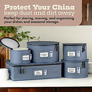 Hard Shell China Storage Containers 5-Piece Set Moving Boxes for Dinnerware, Glasses, Plates, Mugs and Saucers Sturdy Dish Organizer with Dividers for Seasonal Storage - Service for 12 - Denim Blue