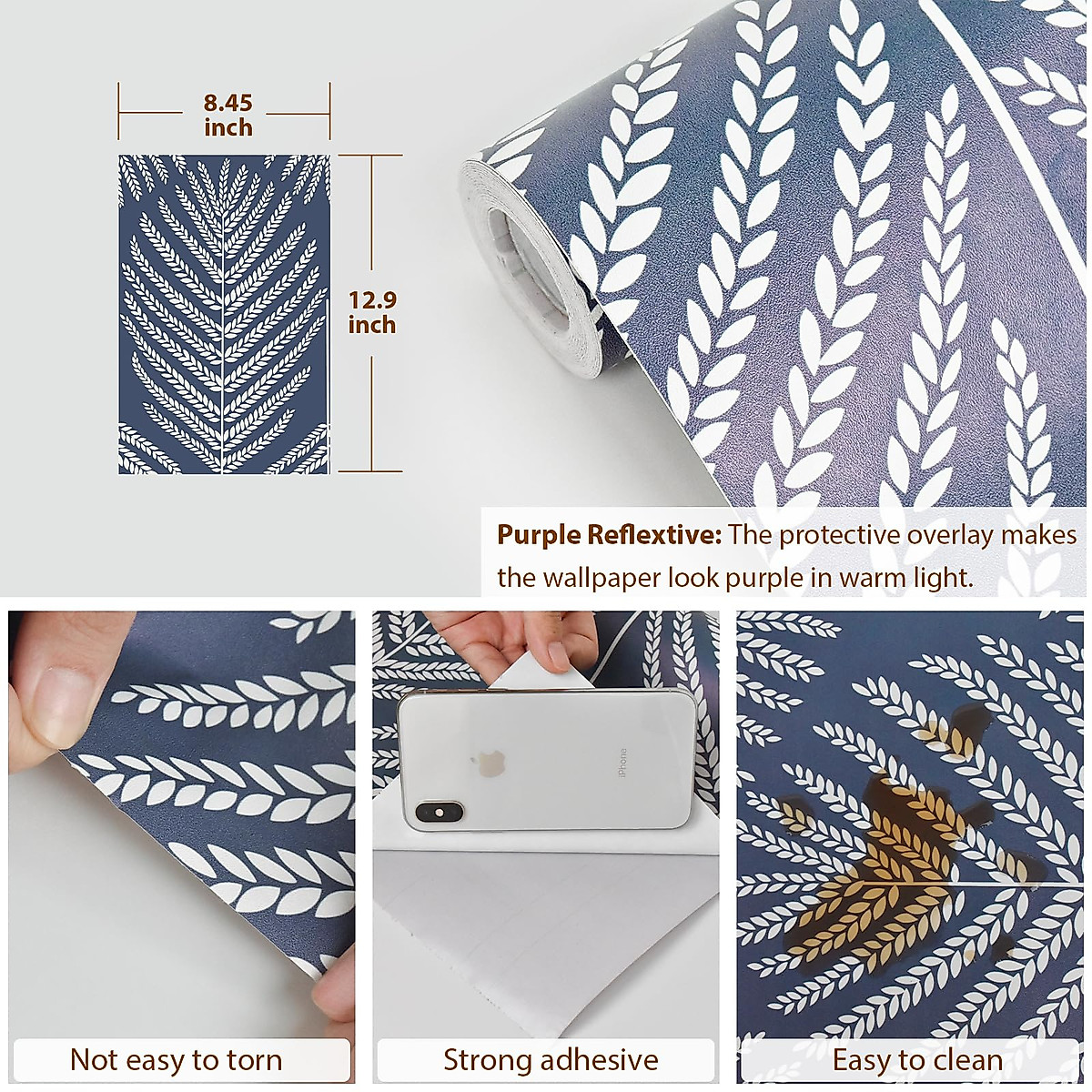 Fititem Blue Wallpaper Peel and Stick Wallpaper 393”×17.3” Coastal Modern Boho Contact Paper for Cabinet Dark Blue Leaf Wallpaper for Bedroom Removable Self-Adhesive Waterproof Wallpaper for Bathroom