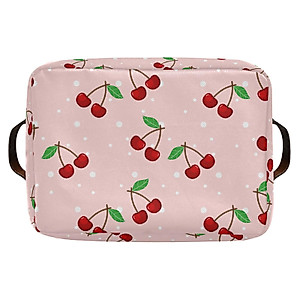 YEGAME Storage Basket Cherry Rectangular Collapsible Canvas Shelves Storage Bins with Leather Handles for Shelves Home Closet Bedroom Living Room, 1Pack