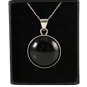Echmeck Sterling Silver 925 Round Black Onyx 20mm Handmade Pendant Necklace with 16+2 inches Chain for Women