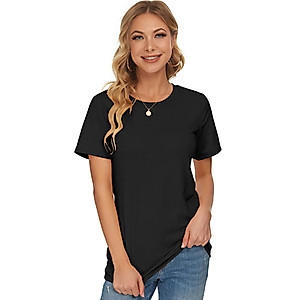 WNEEDU Womens T Shirts Short Sleeve Crewneck Loose Summer Tees Basic Tops(Black,S)