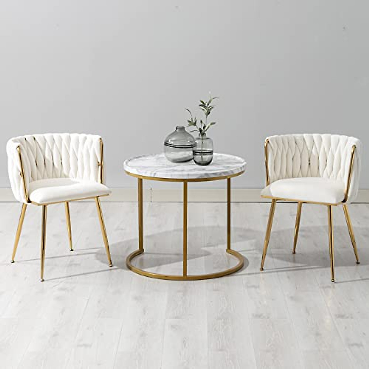 DUOMAY Modern Barrel Dining Chair Set of 4, Velvet Upholstered Accent Side Chair Makeup Vanity Chair with Back Living Room Leisure Chair with Gold Metal Legs for Dining Room Office, White