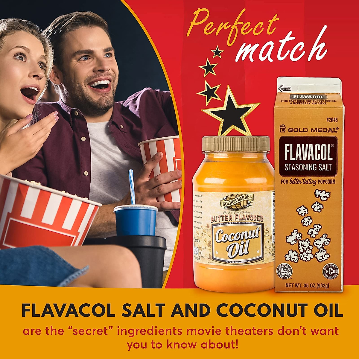 Ultimate Movie Theater Popcorn Kit - Flavacol Salt (35 oz) & Golden Barrel Butter Flavored Coconut Oil (32 oz) - Real Theatre Ingredients, No Dairy, Gluten Free/Vegan, Non-GMO, Kosher