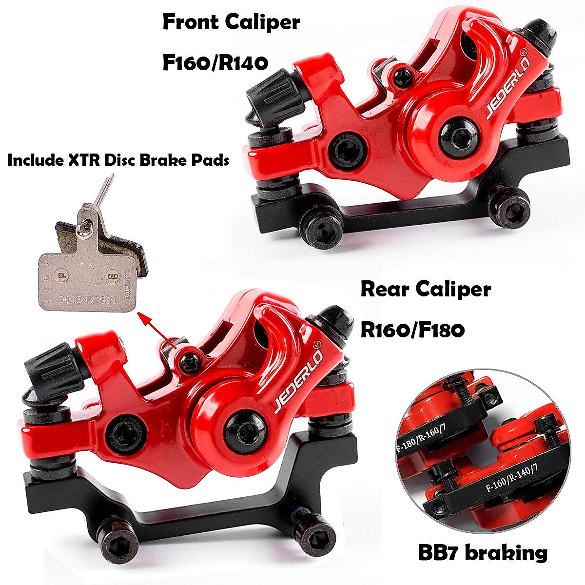 Farbetter Bike Disc Brake Kit, Including Front and Rear Caliper, 160mm Rotor, Mechanic Tool-Free Pad Adjuster for Mountain Bike, Road Bike, Fixed Gear Bike, MTB, BMX (Red)