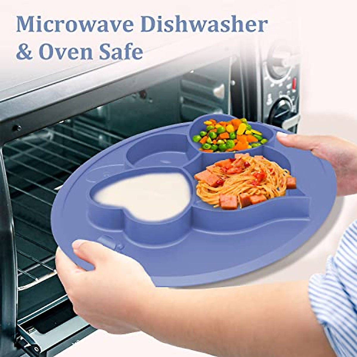 Toddler Plates with Suction - Silicone Cute Bee Baby Divided Plate - Self Feeding Kid Dish for Tables Highchairs Trays - Dishwasher and Microwave Safe (Dark Blue)