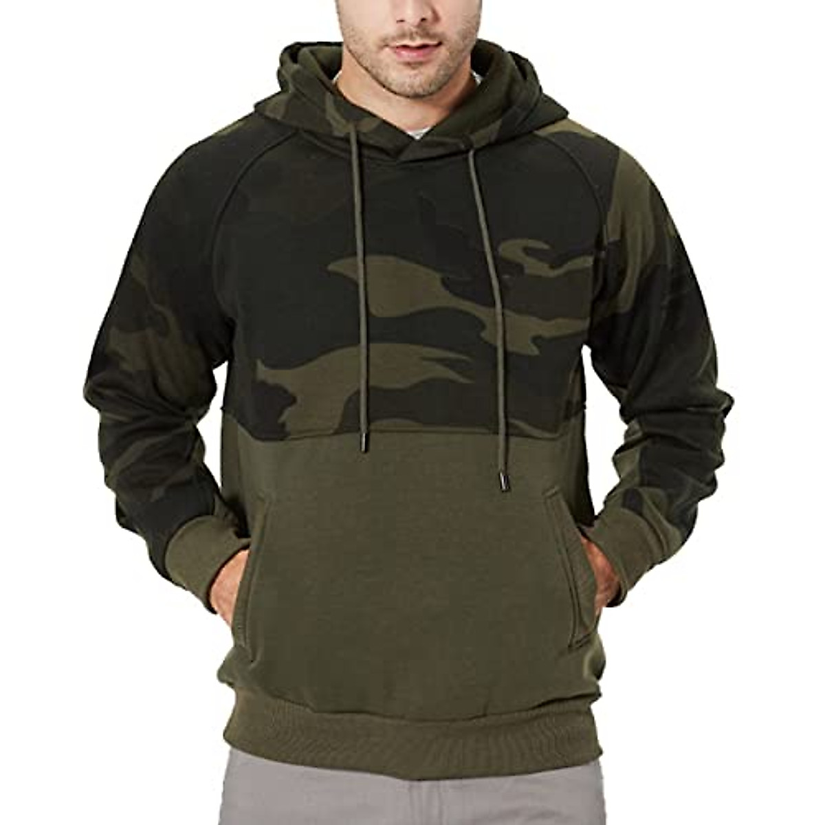 JEKE-DG Fleece Sports Soft Hunting Camo Hoodie Lightweight Pullover Hooded Sweatshirt Kanga Pocket Tactical Military Shirts (Medium,Green)