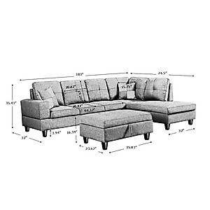 GINGVAT Black Faux Leather Sectional Sofa, L Shaped Couch with Right Chaise Storage Ottoman & 2 Pillows for Living Room Furniture Sets