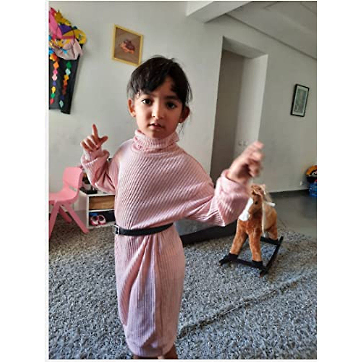 Girls Fall Dress, Kids Turtleneck Long Sleeve Knit Sweater Dress with Belt Toddler Girl Fall Outfits (Pink, 2-3 Years)