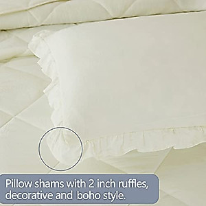 HIG 3 Piece Farmhouse Ruffled Skirt Bedspread Set King, Chic Ivory Diamond Stitched Coverlet with 30" Drop Dust Ruffle, French Country Bedding Collections for Bedroom Decor, Washed Microfiber (Elain)