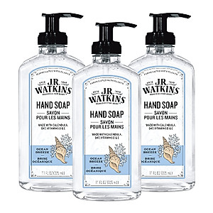 J.R. Watkins Gel Hand Soap With Dispenser, Moisturizing Hand Wash, All Natural, Alcohol-Free, Cruelty-Free, USA Made, Ocean Breeze, 11 Fl Oz, 3 Pack