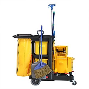 Restaurantware RW Clean 44.3 x 20.1 x 37.8 Cleaning Cart 1 Heavy-Duty Janitorial Cart - With 3 Shelves 20-Gallon Nylon Bag Plastic Housekeeping Cart Wheeled For Commercial Use