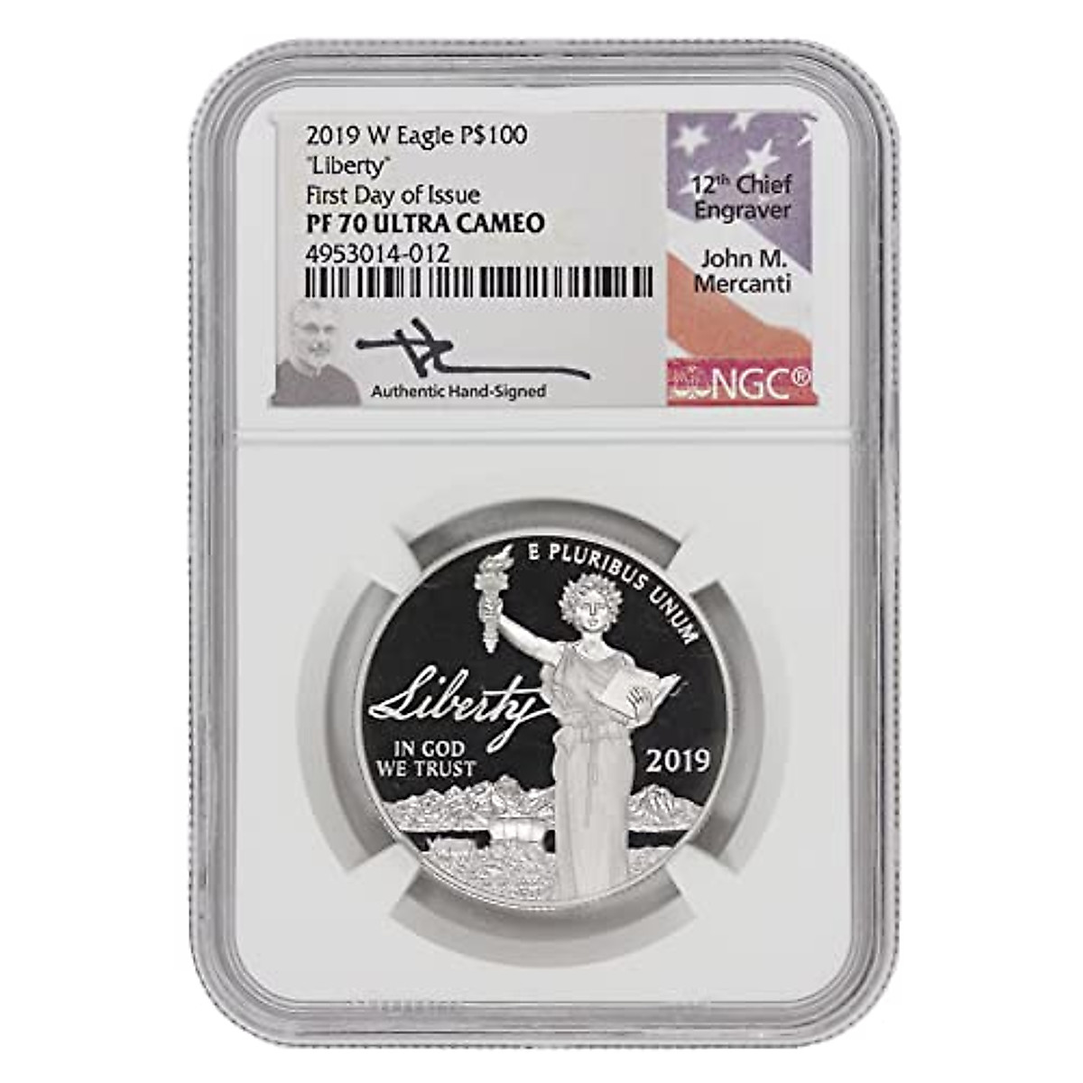 2019 W 1 oz American Platinum Eagle PF-70 Ultra Cameo First Day of Issue Mercanti Label $100 NGC PF70UCAM