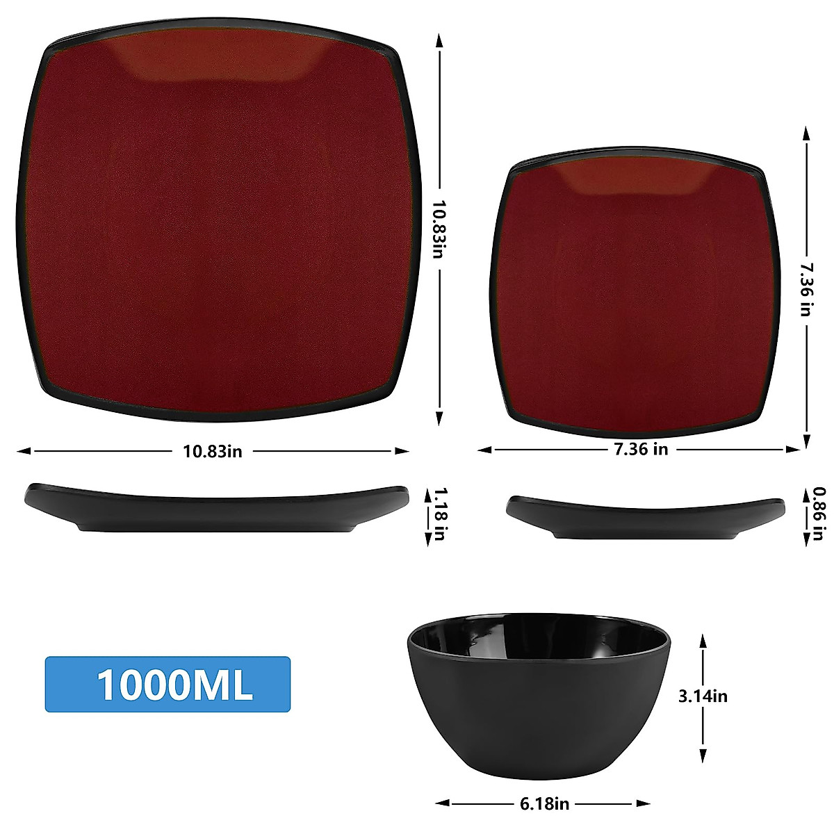 afcevnlb Square Melamine Dinnerware Sets 12 Piece Service for 4 Deep Red Plates and Bowls Sets for Indoor/Outdoor Grill, Holiday Party, Camping