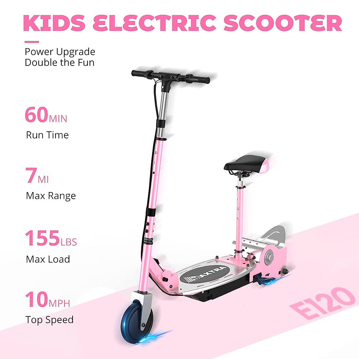 MAXTRA E120 Electric Scooter with Seat for Kids Ages 6-12, 60 Mins Long Battery Life, Removable Seat 2 Riding Styles, 155LBS Max Load