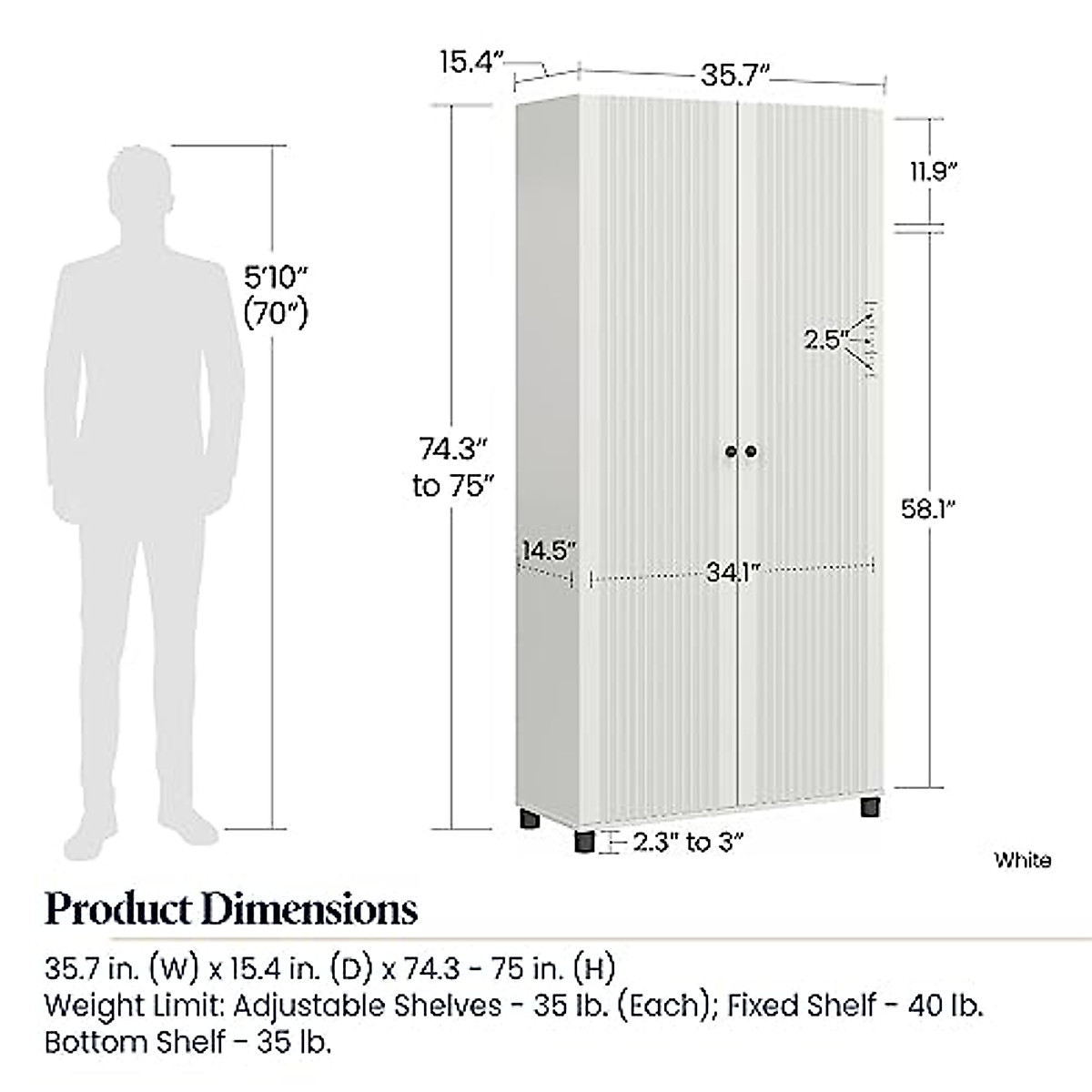 SystemBuild Evolution Kendall Fluted 36" Wide 2 Door Storage Cabinet, White
