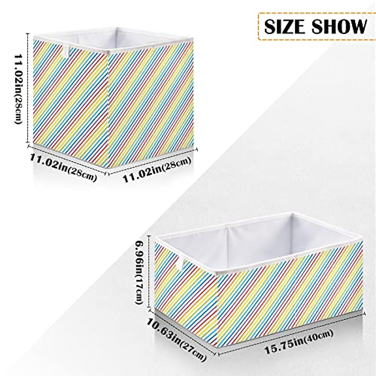 xigua Storage Cube Bright Rainbow Strips Foldable Storage Bins, Closet Shelves Organizer Fabric Storage Baskets for Clothes, Toys, Books, Office Supplies (Square)