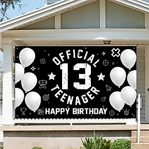 HTDZZI 13th Birthday Backdrop Banner, Happy 13th Birthday Decoration for Boys Girls, Official Teenager 13 Birthday Party Yard Sign, 13 Year Old Birthday Photo Booth Props Decor, Fabric, Black White