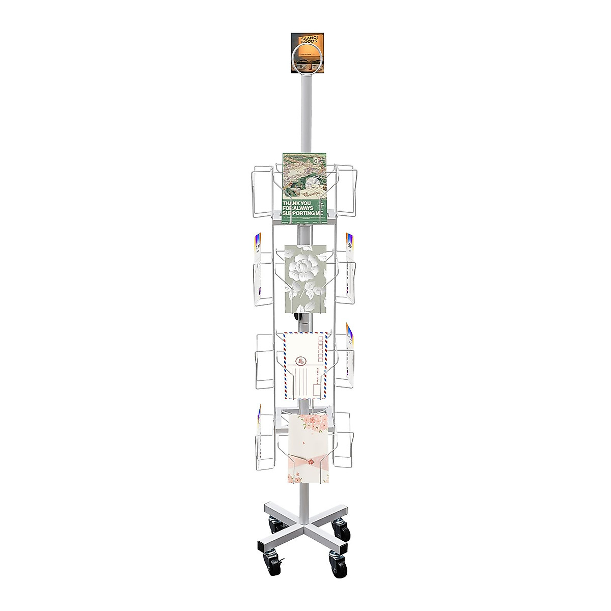 HuaShuani Gift Shop Card Display Rack, 16 Pockets Greeting Card Rack with 4 Universal Wheels for Gift Cards, Postcards, Stickers, Brochures, Metal Material, 360° Spinning, Free Standing