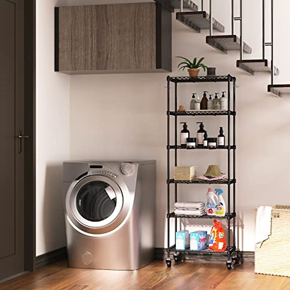 vkahaak 6-Tier Wire Shelving Unit, Adjustable Storage Shelf with Lockable Wheels, Large Capacity Metal Shelves with Stainless Hook for Garage Kitchen Pantry Living Room Bathroom (22" x 12" x 65")