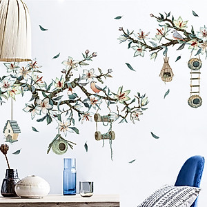 Birds on Magnolia Tree Branches Wall Stickers, ULENDIS DIY Removable White Blossom Flower Wall Decals, Birdcage Murals Wall Decor for Home Bedroom Living Room Corridor Stair