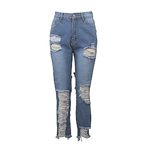 Maiyifu-GJ Women Destroyed Raw Hem Jeans High Waisted Ripped Loose Boyfriend Denim Pants Distressed Ankle Washed Jean Trousers (Blue,Small)