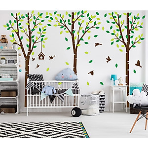 128 x 82inch Giant Jungle Forest Tree Wall Decals Birds Wall Stickers Green Leaves Wall Murals Decor for Kids Bedroom Nursery Living Room Office Home Decoration (Brown)