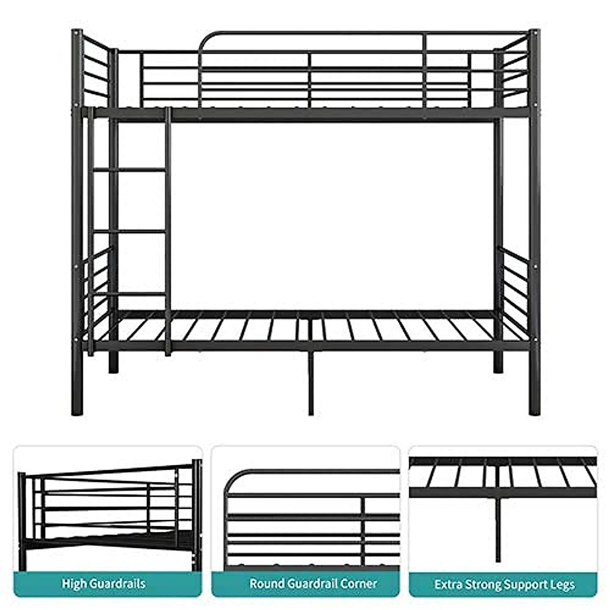 Bunk Beds Frame Twin Over Twin, Heavy Duty Twin Size Metal Bunk Bed Frame with Guardrail & Ladders , Space-Saving, Noise Free, No Box Spring Needed (Black) 2685
