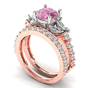 Clara Pucci 2.66 carat Round Shape 3 stone Pink Zircon Engagement Wedding Anniversary Bridal ring band set 14k Rose White Gold 4.25