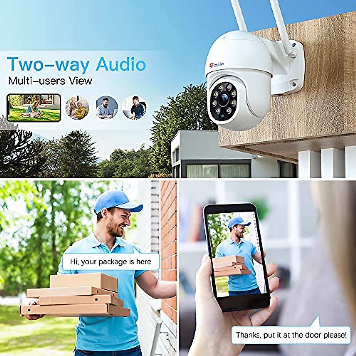2K 4MP Security Camera Outdoor, 2560×1440P Ctronics PTZ Camera Outdoor 2.4G WiFi CCTV IP Camera for Home Security Human Detection & Auto Tracking Custom Sound Alarm Color Night Vision 2-Way Audio IP66