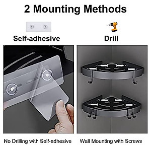 DUFU Adhesive Corner Shower Caddy with Hooks,Bathroom Shower Organizer, No Drilling Rust Proof Aluminum Shower Shelf for Inside Shower 2 Pack (Black)