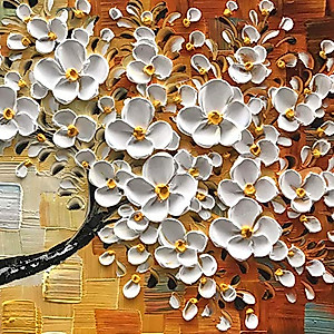 Diathou 20x40in 3D Abstract Paintings,Hand-Painted Painting of White Flowers and Trees, Canvas Wood Frame, Ready to Hang The Wall to Decorate The Living Room Bedroom