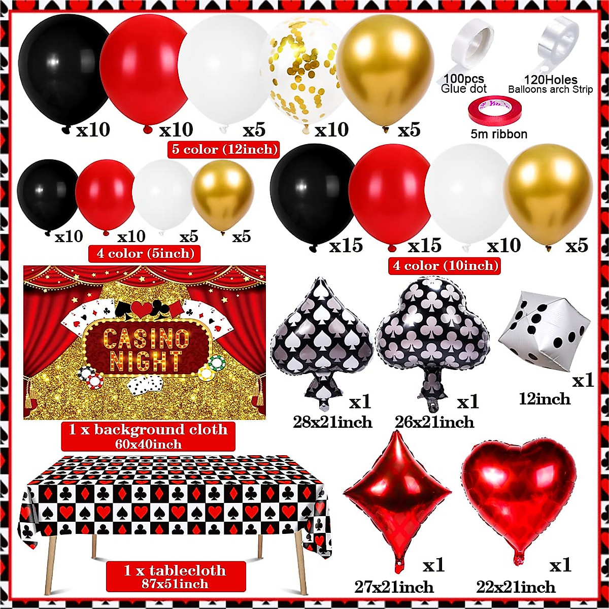 Winrayk 125Pcs Casino Theme Party Decorations Birthday Supplies Casino Red and Black Balloon Garland Poker Tablecloth Casino Backdrop Dice Poker Balloon Casino Games Las Vegas Casino Party Decorations