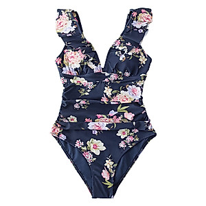 CUPSHE Women's One Piece Swimsuit Ruffle V Neck Lace Up Bathing Suit, M Navy Floral