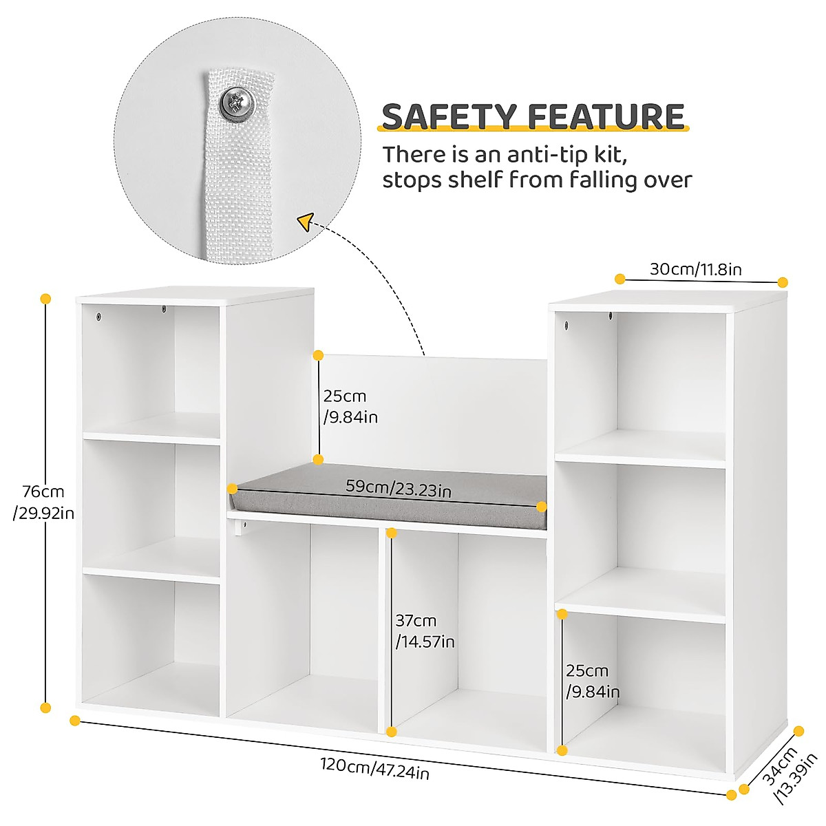 Cowiewie Kids Bookshelf with Reading Nook, 8-Cubby Toy Storage Organizer with Seat Cushion, Toy Storage for Bedroom, Playroom, Kids Room, 13.39" D x 47.24" W x 29.92" H, White
