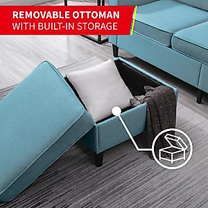 PUREMIND 78 Inches Convertible Sectional Sofa, Linen L-Shaped Sofa Couch with Reversible Storage Ottoman, Wooden Legs, 3-Seat Sectional Couches for Small Space, Apartment, Office (Blue)…