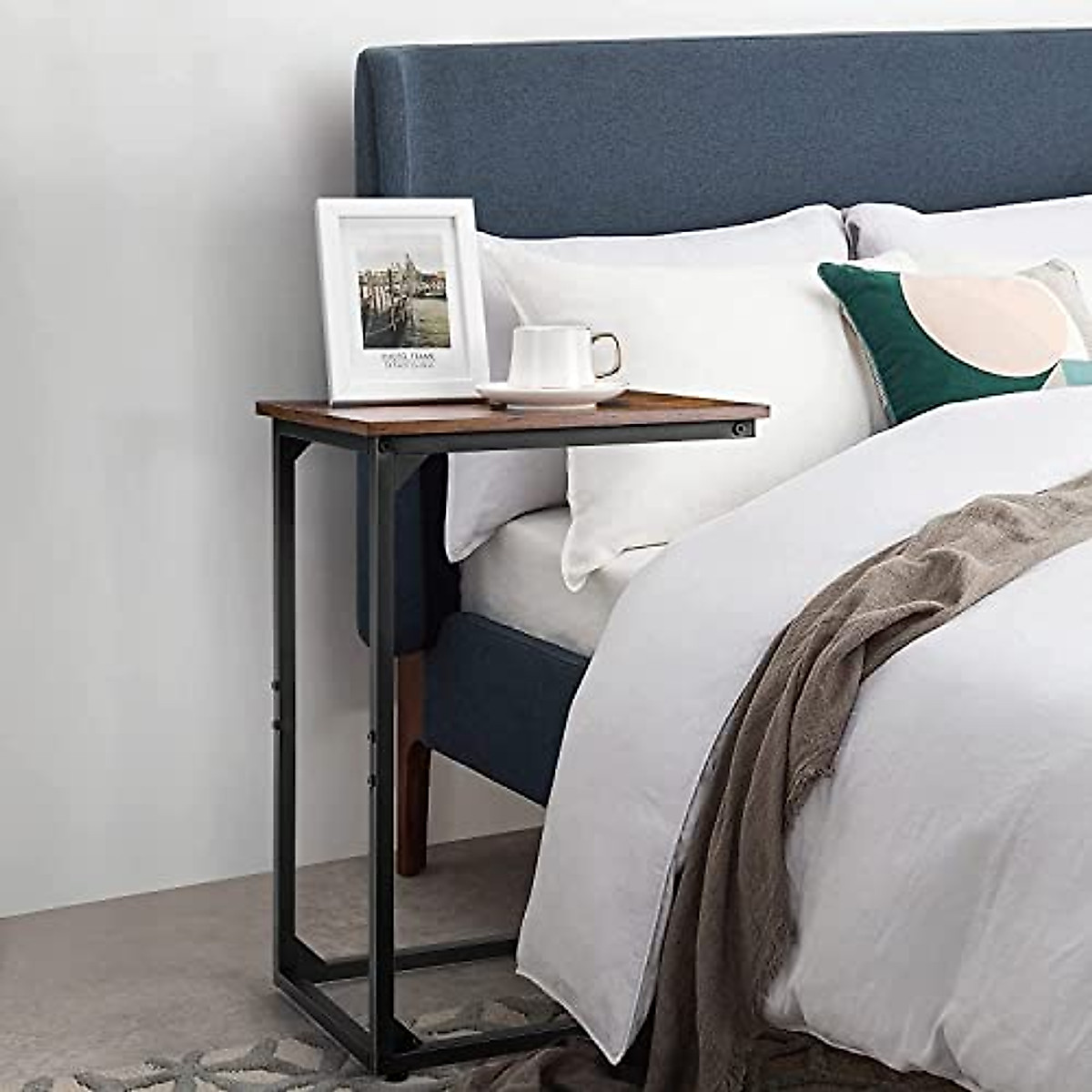 C Shaped Side Table Set of 2, C Table for Sofa, Couch Table End Table Slide Under, Snack Side Table for Living Room, Bedroom, Rustic Brown