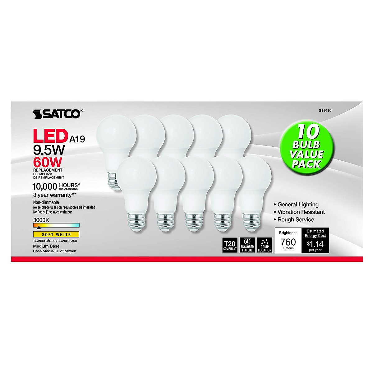 Satco S11410 9.5-Watt A19 LED Light Bulbs, 60-Watt Replacement, 3000K Warm White, 760 Lumens, 10 Pack